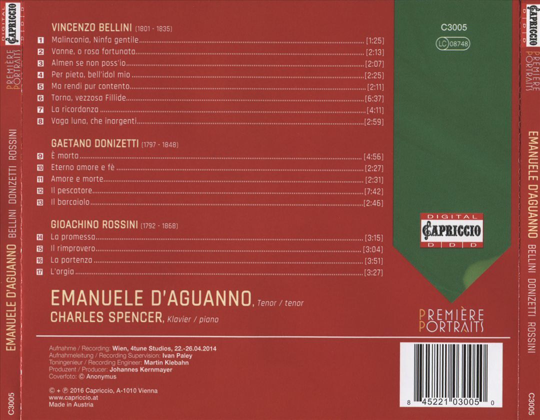EMANUELE D'AGUANNO / CHARLES SPENCER BELLINI, DONIZETTI, ROSSINI NEW CD ...