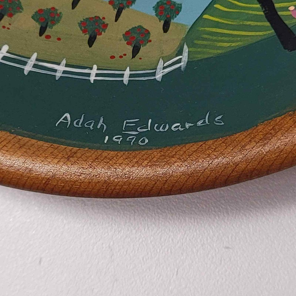 Hand painted wood bowl folk art Adah Edwards, 1990, farm scenes | eBay