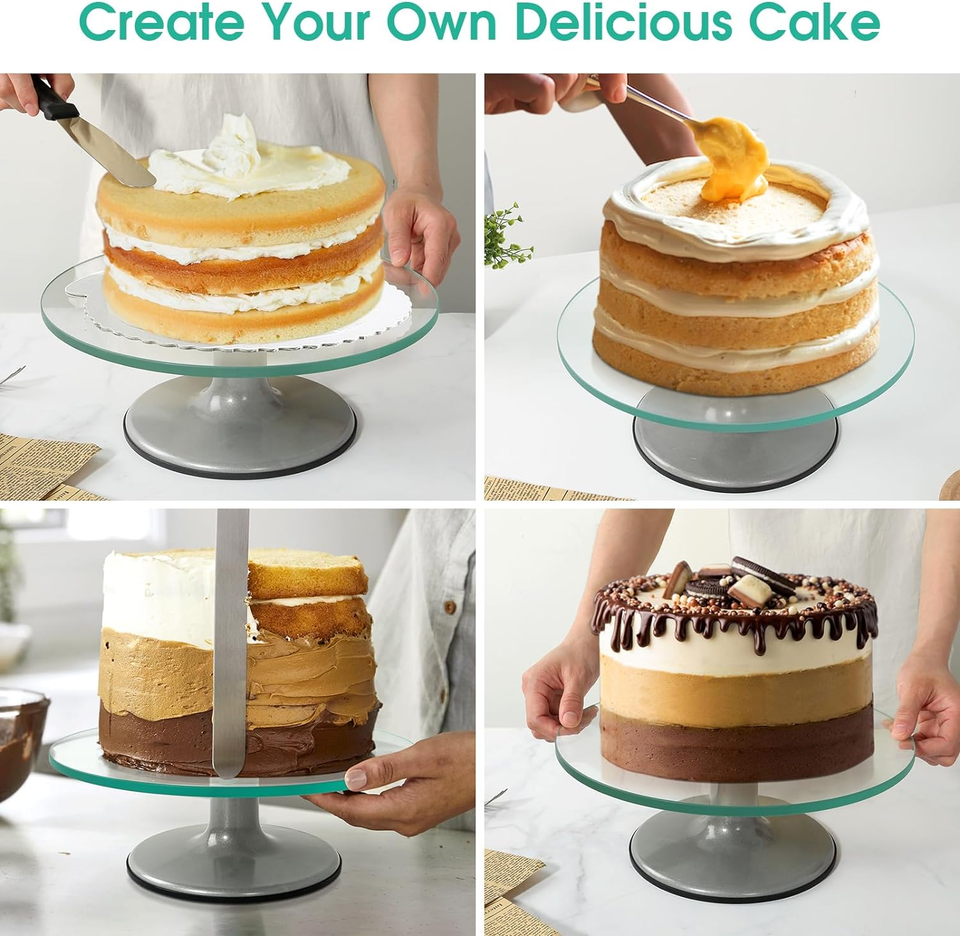 12" Glass Cake Decorating Stand Rotating Revolving Cake Turntable ...