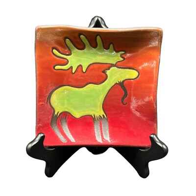 Moose Adorned Trinket Dish Rust Colored with Light Green Moose on Top ...