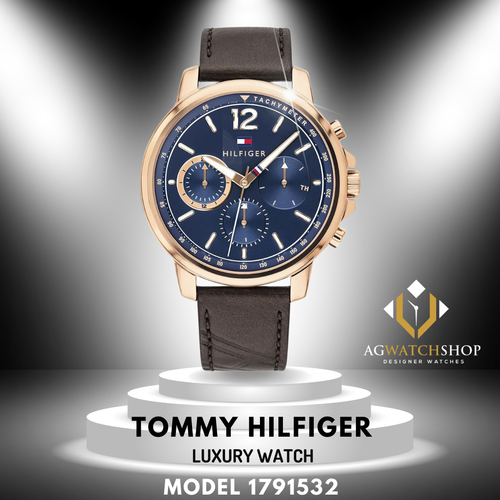 Tommy Hilfiger Herren Quarz braun Lederband blaues Zifferblatt 46 mm ...