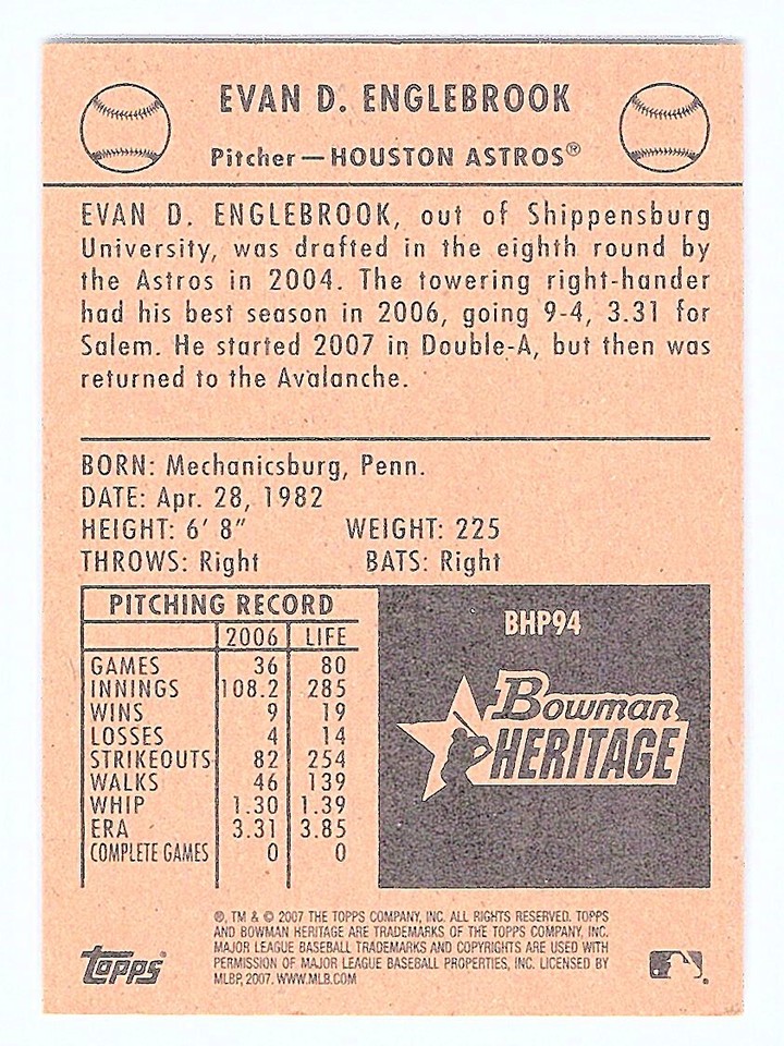 2007 Bowman Heritage Evan Englebrook #BHP94 Houston Astros | eBay