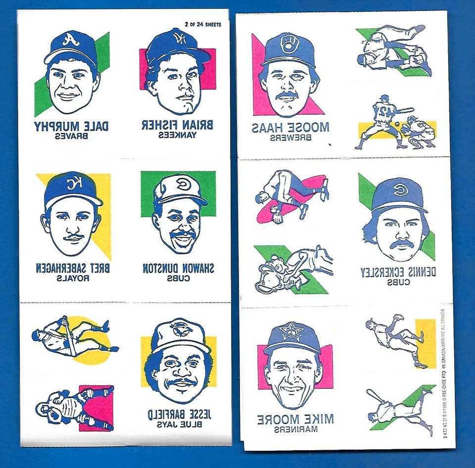 1986 OPC BASEBALL TATTOOS 6 SHEETS PANEL OF 8 PLAYERS O-PEE-CHEE 1-24 ...