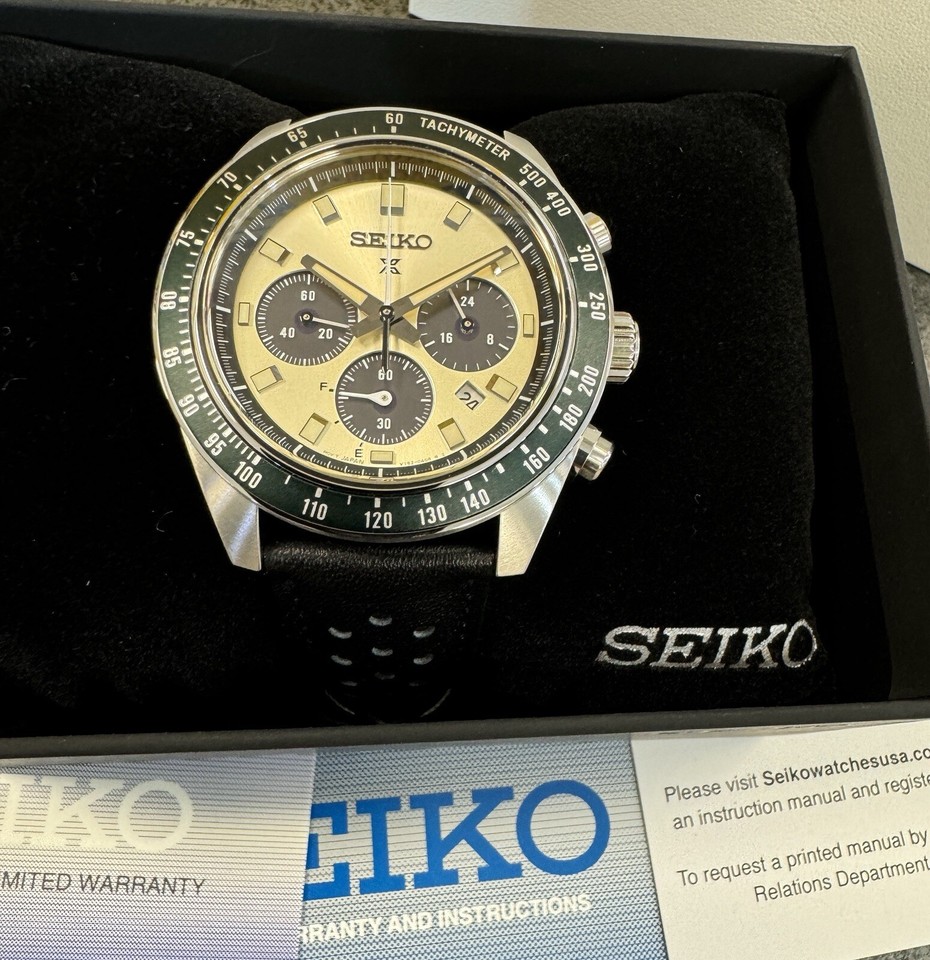 Seiko Prospex Speedtimer Solar Leather Band Cream Dial Watch SSC943 NWT ...
