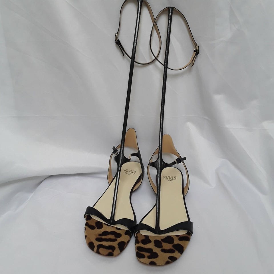 New FRANCESCO RUSSO $760 Black / Leopard Gladiator Flats Sandals Italy ...