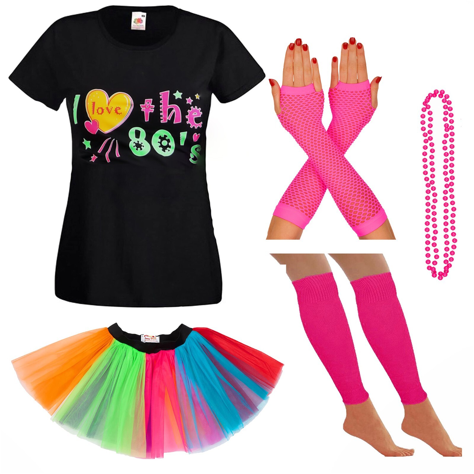NEON 80s FANCY DRESS COSTUME Set T Shirt Tutu Skirt Leg Warmer GLOVES ...