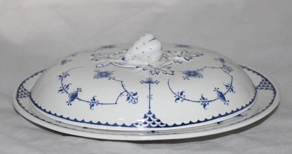 FURNIVALS OVAL SERVING PLATTER WITH WELL & LID COVER DENMARK BLUE ...