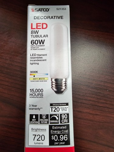 Satco LED Light Bulbs 8W Tubular 60W S21353 3000K | eBay