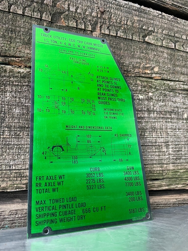 Sling and Tie Down DATA PLATE M1038 HMMWV M998 Troop Carrier | eBay