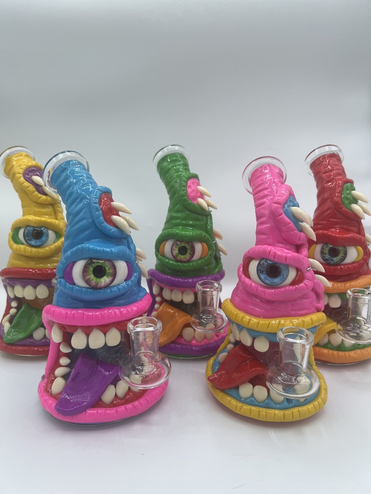 7" Green Monster Eye Colorful Thick Glass Bong Free Bowl Teeth Unique ...