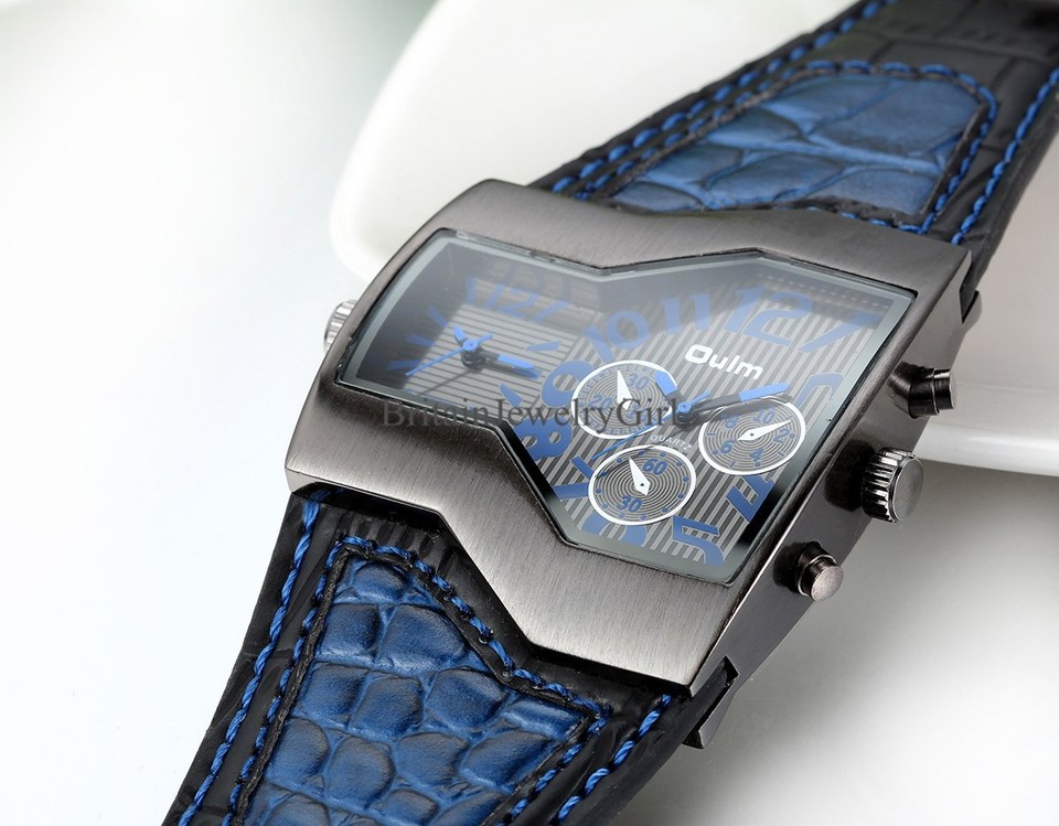 Wide Military Army Style Two Time Zones Movements Leather Watch Men's ...