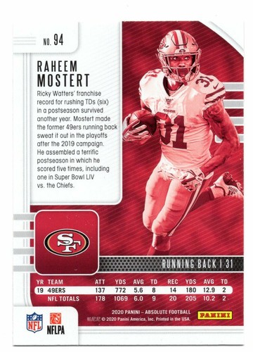 2020 Panini Absolute - #94 Raheem Mostert for sale online | eBay