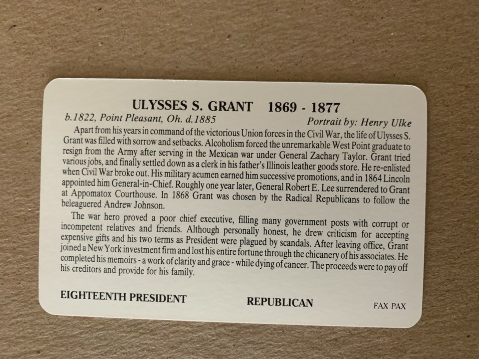 ULYSSES S GRANT trading card, Fax Pax 18th President (Civil War General ...
