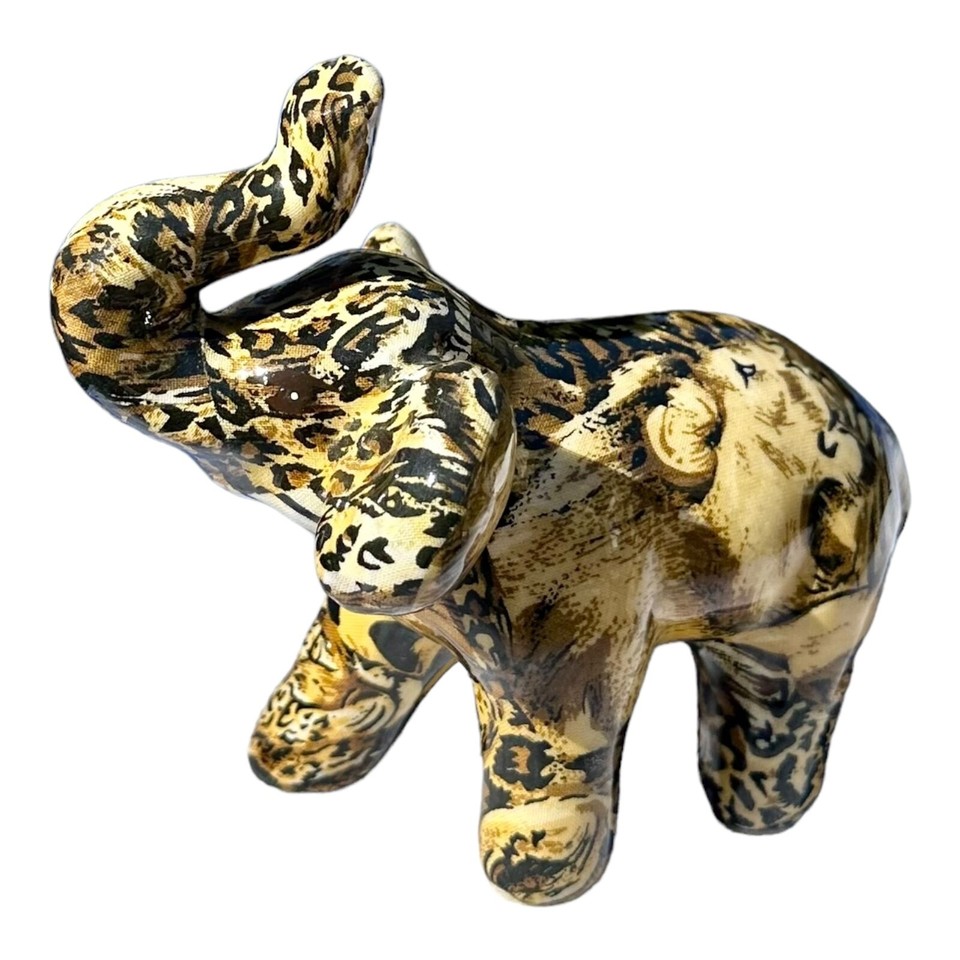 Safari Print Elephant Figurine Decoupage Patchwork African Trunk Up La ...