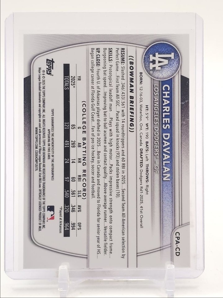 CHARLES DAVALAN 2025 BOWMAN CHROME DRAFT 1ST GREEN AUTO /99 Q0044 | eBay