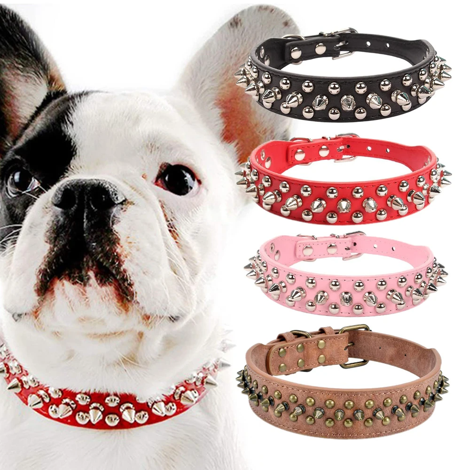 Spiked Studded Leather Dog Collar Rivets Pet Small Large Cat Pit Bull ...