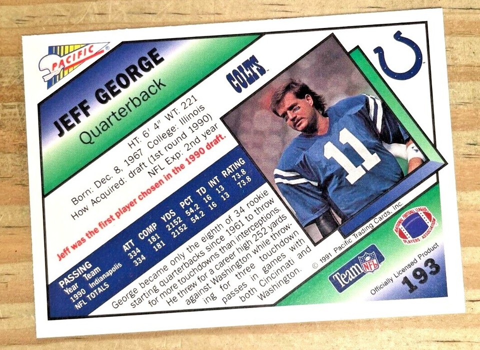 1991 PACIFIC JEFF GEORGE ROOKIE CARD#193 NM-MT ILLINOIS COLTS FALCONS ...
