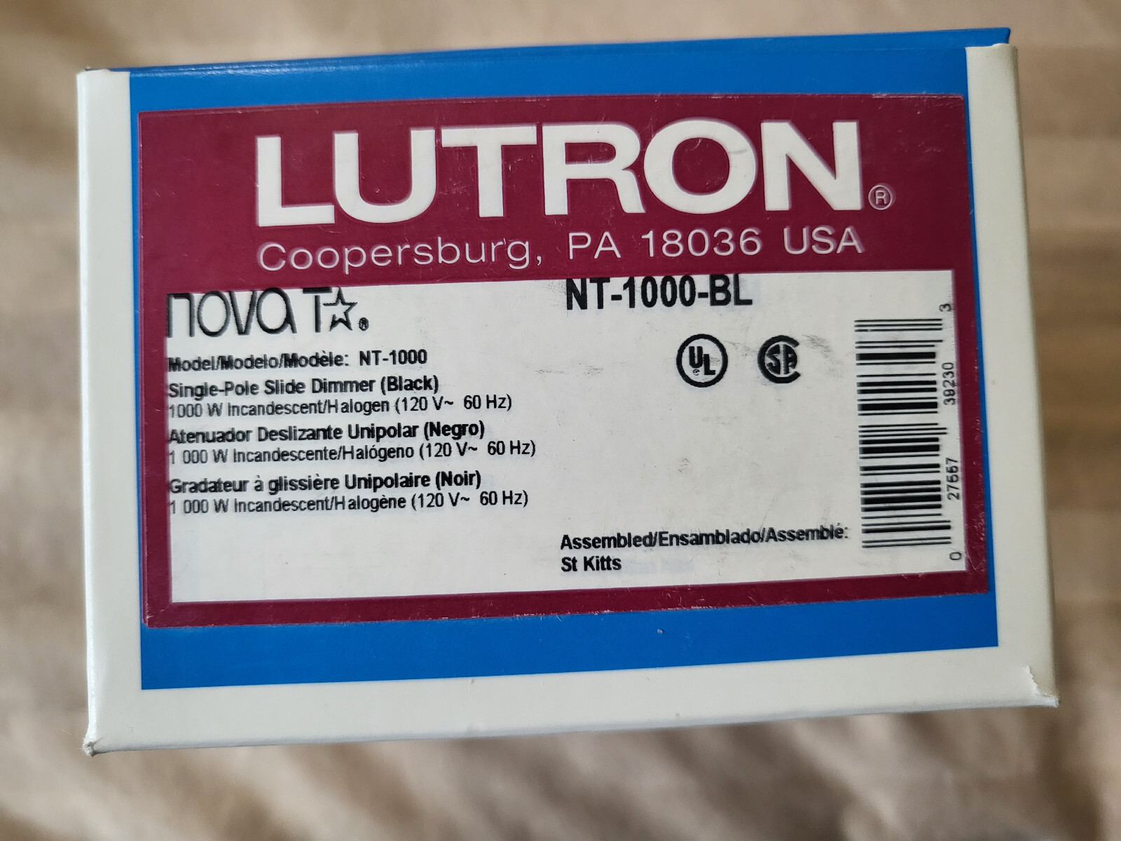 LUTRON NT-1000-BL SLIDE DIMMER SINGLE-POLE 120V 1000W 60Hz INCANDESCENT ...