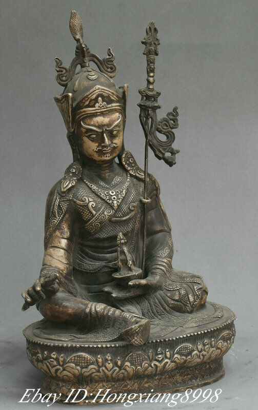 14" Old Tibet Buddhism Silver Seat Guru Padmasambhava Rinpoche Buddha ...