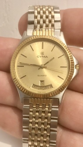 Rare Cyma Swiss Quartz Day & Date Stainless Steel Two Tone 35mm Men’s ...