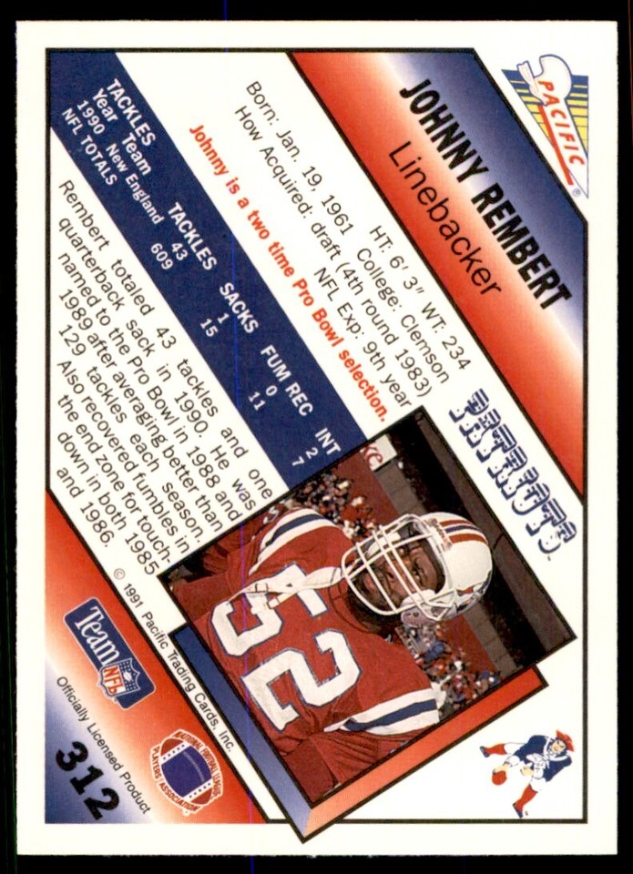 1991 Pacific Johnny Rembert . New England Patriots #312 | eBay
