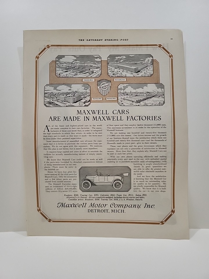 1917 Maxwell Motor Company S.E. Post Print Ad Detroit Factories | eBay