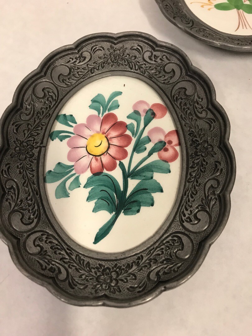 3 Handgemalt pewter framed porcelain oval pictures hand painted wall ...