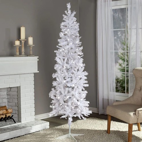 7Ft Slim Prelit Artificial Christmas Tree Flocked Green or White ...