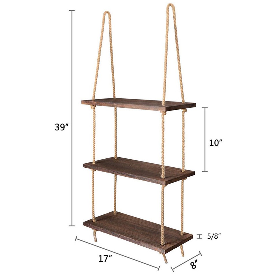 Rustic Hanging Rope Solid Wood Shelves Holder Floating Ladder Shelf ...