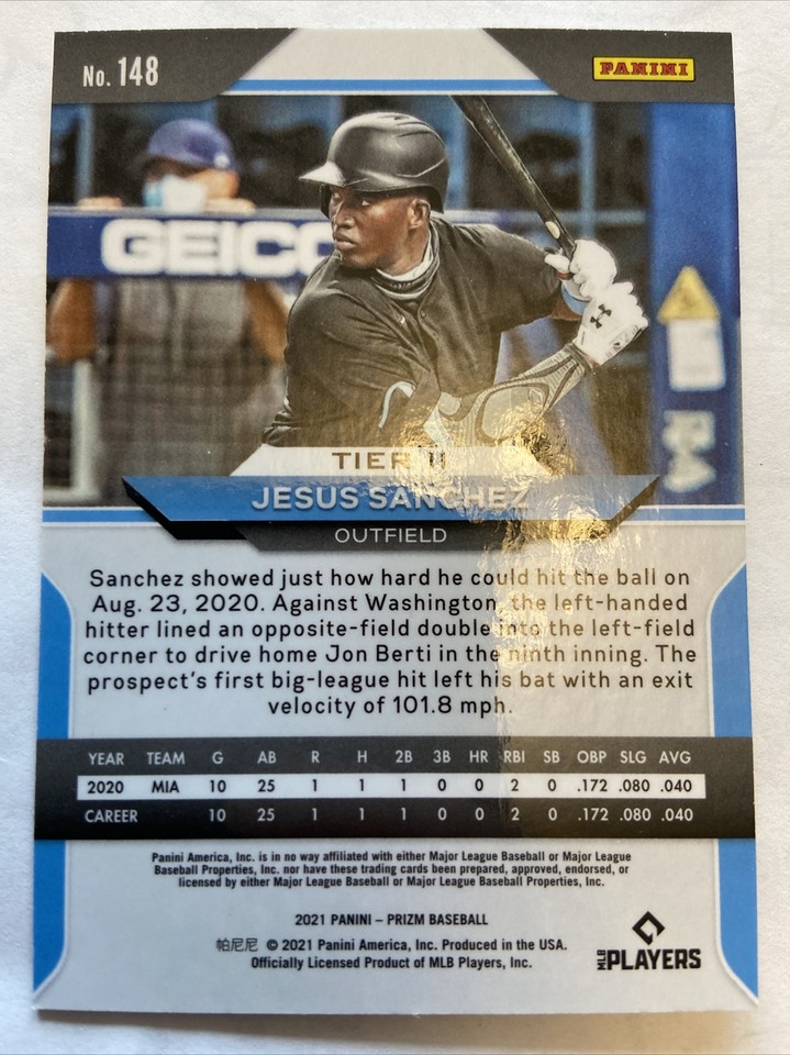 JESUS SANCHEZ ROOKIE BASEBALL CARD 2021 PANINI PRIZM RC MIAMI MARLINS ...