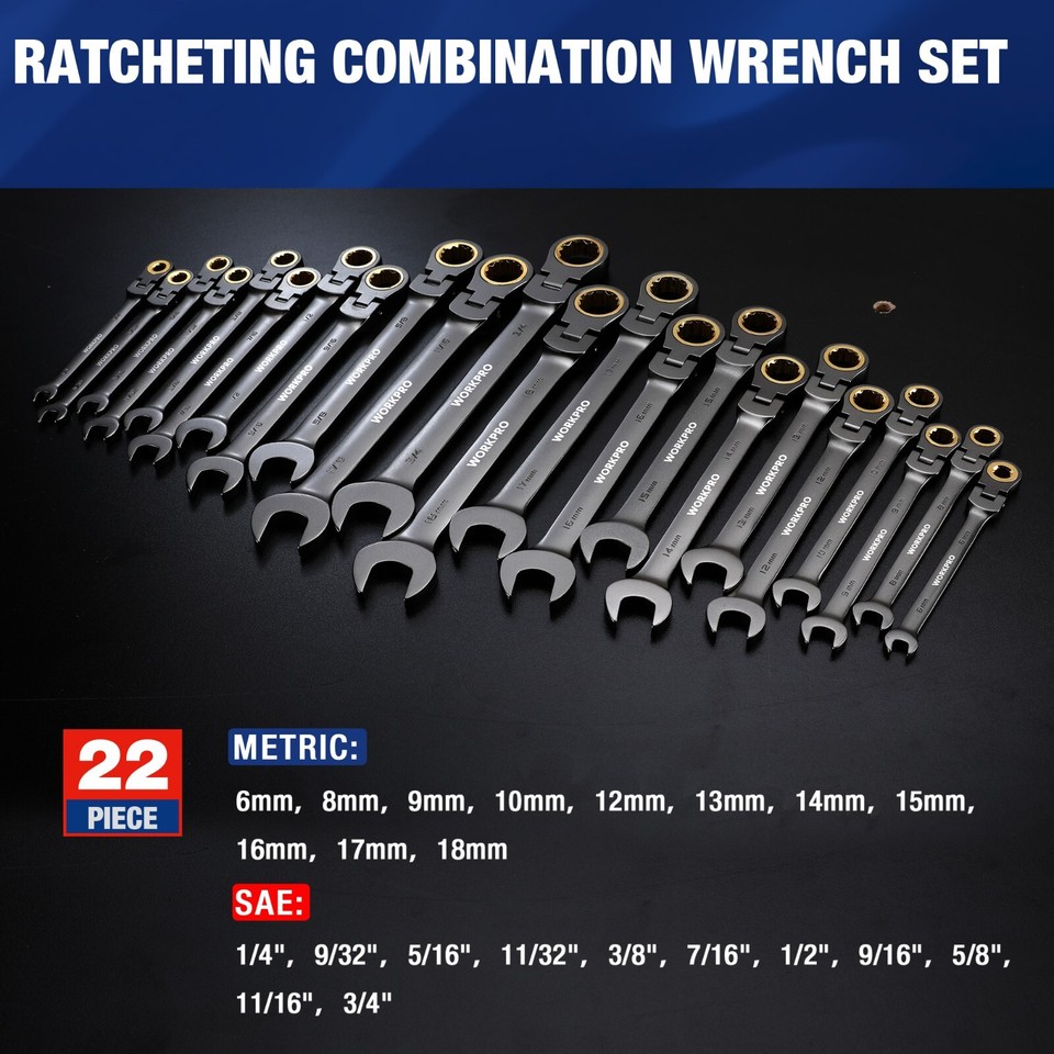 WORKPRO 22PC Ratcheting Wrench Set Combination Wrench with Organizer ...