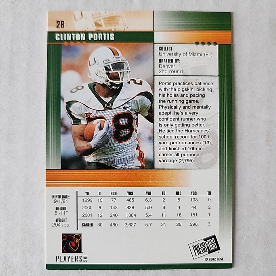 Clinton Portis 2002 Press Pass JE ROOKIE #28 - Miami Hurricanes | eBay