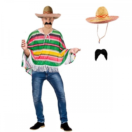 Adult Mexican Poncho + Sombrero + Bandit Tash Wild West Stag Party ...