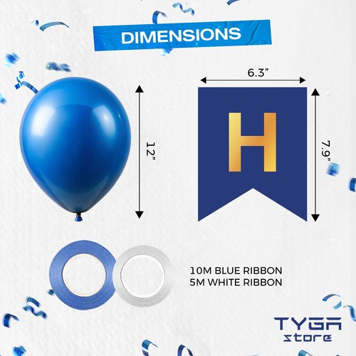 TYGA Store | 16 Blue 12" Balloons, 3 Blue & White Ribbon, Happy ...