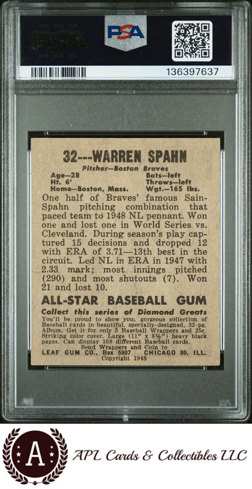 1948 Leaf #32 Warren Spahn PSA 3 Centered Crease Free Looks Nicer | eBay