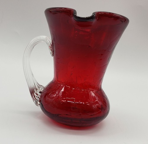 Vintage Ruby Red Crackle Glass Pitcher, 3.5" Hand Blown Clear Handle (M ...