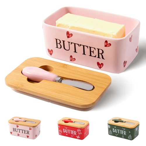 Pink Ceramic Butter Dish with Bamboo Lid and Knife, Cute Butter Holder ...
