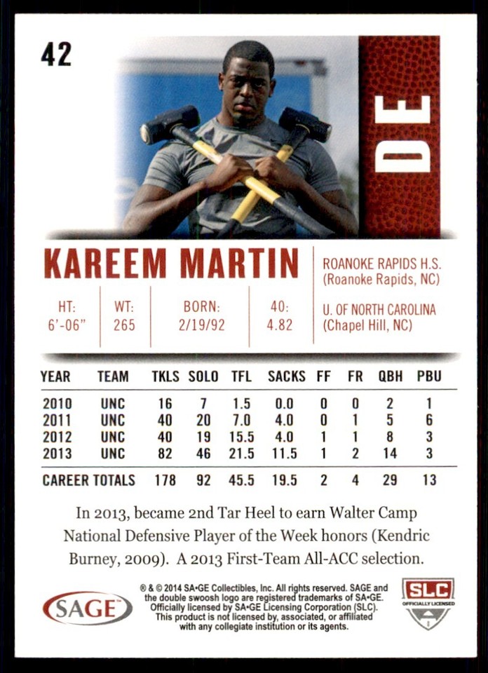 2014 SAGE HIT Kareem Martin Rookie North Carolina Tar Heels #42 NCAA ...