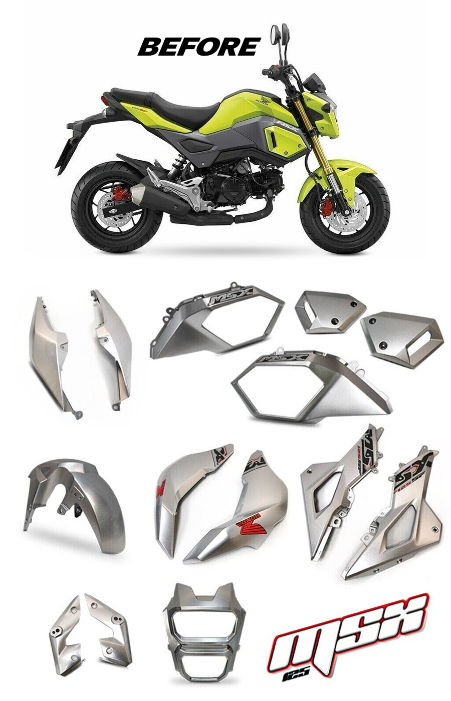 SILVER SET FAIRING BELLY PAN BODY KIT FRAME FOR HONDA GROM MSX 125 SF ...