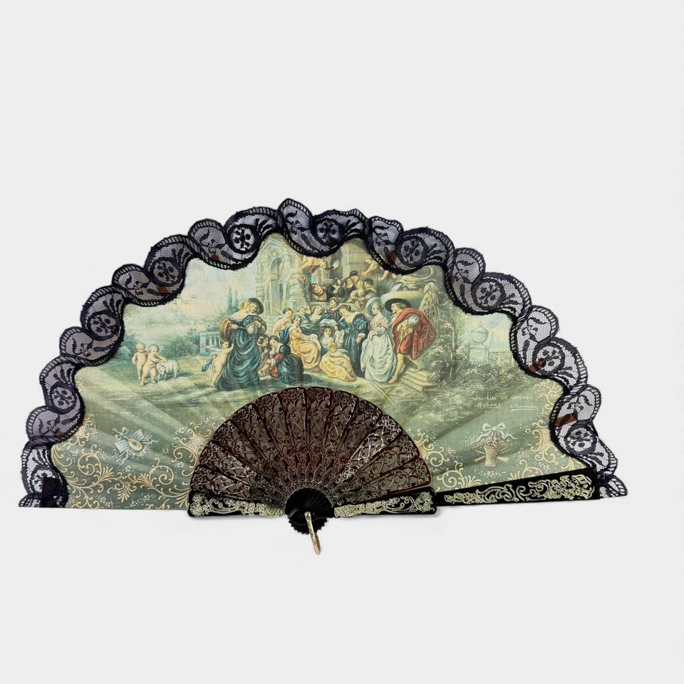 Vintage Spanish Hand Fan Lace Trim Classical Scene Made in Spain ...