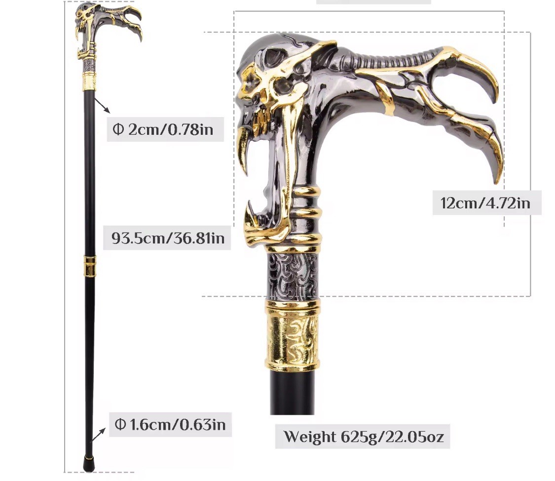 Gothic Golden Black Demon Skull Handle Cane/Walking Stick 93cm Brand ...