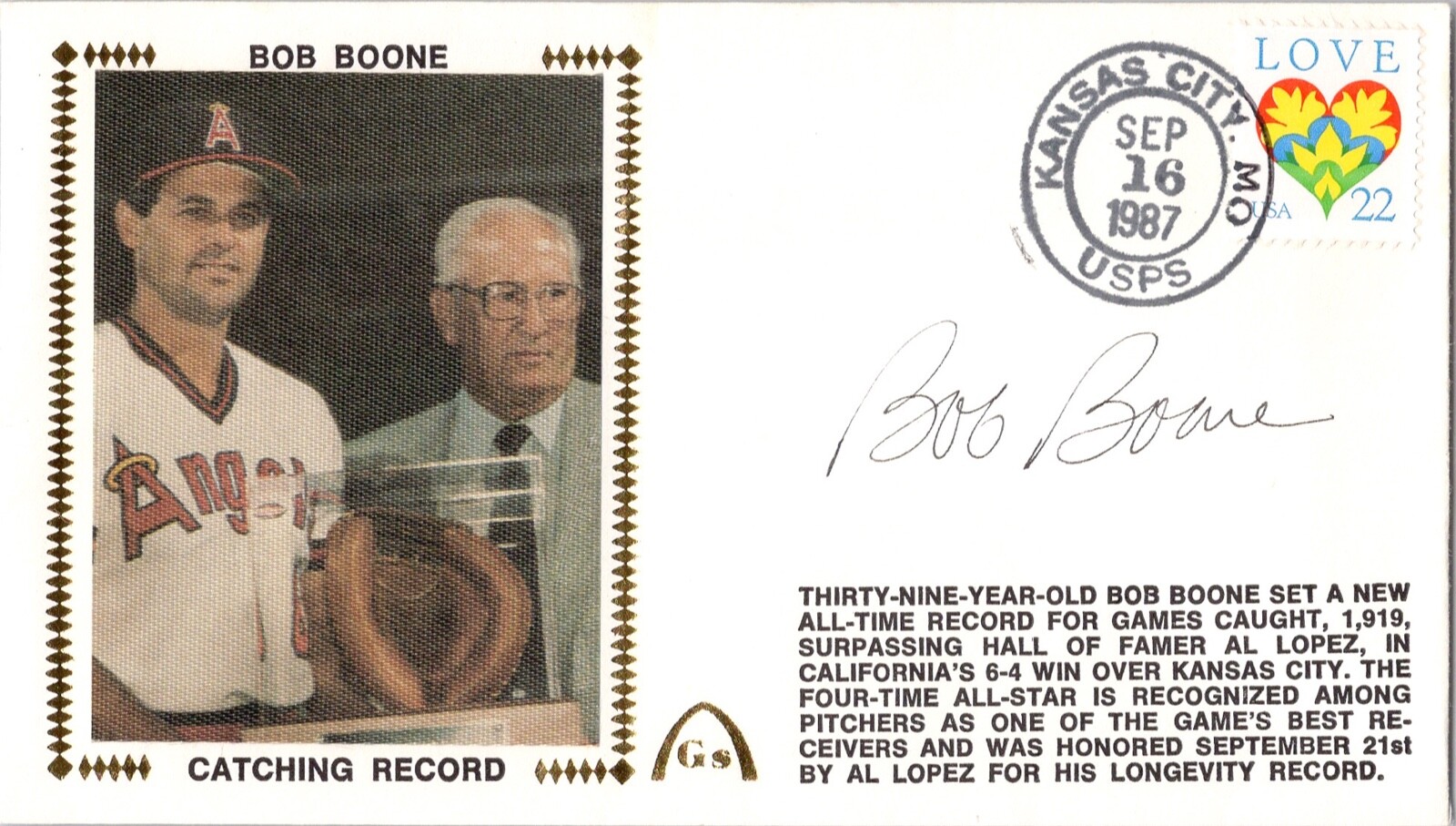 Bob Boone Catching Record Signed Gateway Postal Cachet September 16 ...