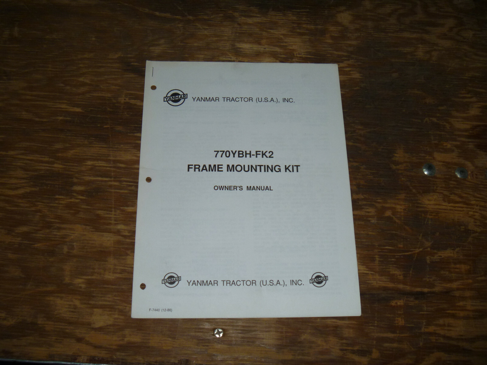 Yanmar Tractor 770YBH-FK2 Frame Mounting Kit Operator Maintenance ...