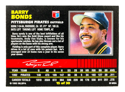 Barry Bonds #15 (1993 Post Collectors Series) Baseball Card, Pittsburgh ...