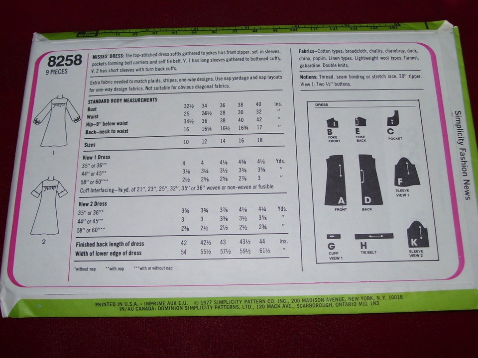 🌹UNCIRCULATED 1977 SIMPLICITY 8258-LADIES RETRO (2 STYLE) DRESS PATTERN ...