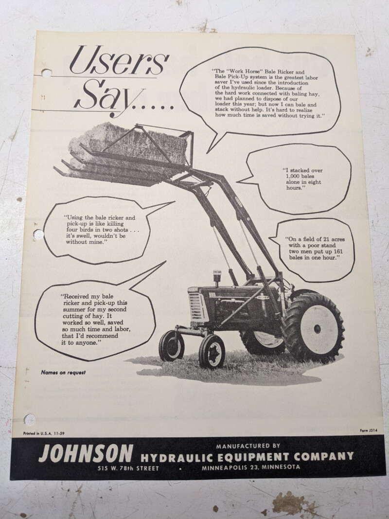 JOHNSON WORK HORSE LOADER BALE RICKER PICK UP SYSTEM 1959 BROCHURE | eBay