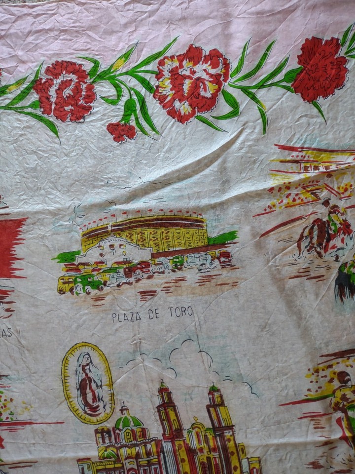 Vtg Mexico Tijuana Bull Fighting Landmarks Colorful Silk Souvenir Scarf ...
