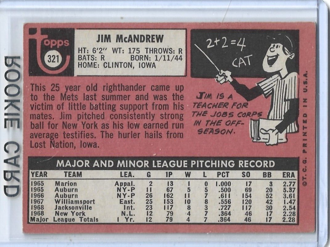 Jim McAndrew-New York Mets-1969 Topps Baseball ROOKIE CARD #321 | eBay