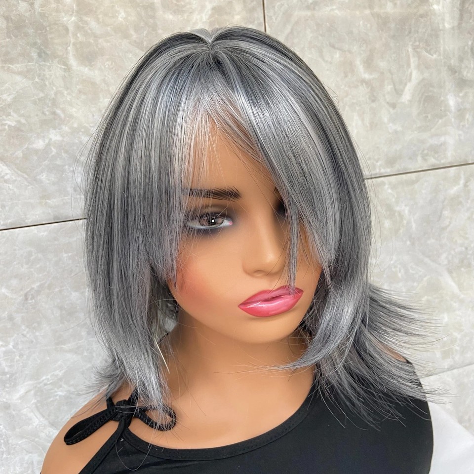 Two Tones Gray White Mix Free Part Synthetic Hair Wigs Women Soft ...