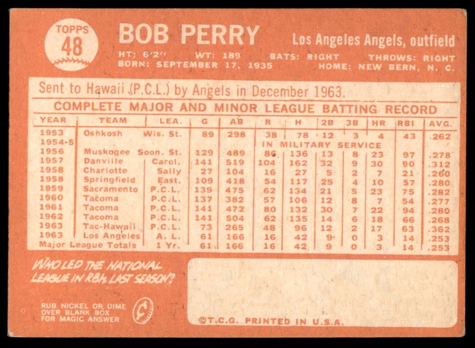 1964 Topps #48 BOB PERRY RC Los Angeles Angels VGEX | eBay